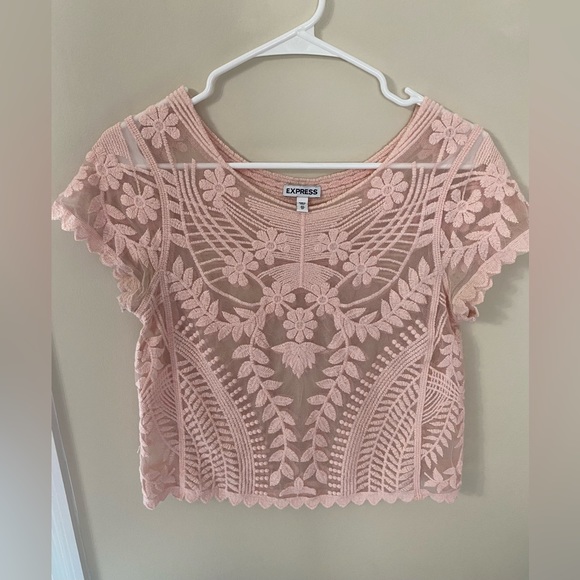 Express | Tops | Express Pink Embroidered Top Mesh Sheer Crewneck ...